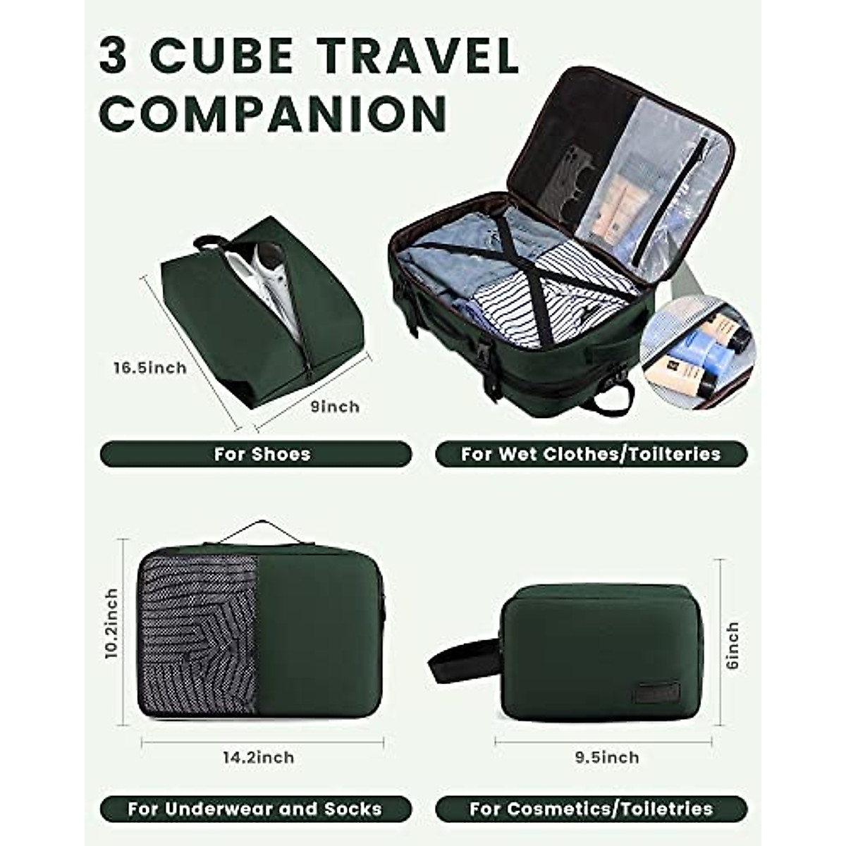 LOVEVOOK Travel Backpack, Extra Large 30-40L Expandable Carry on Backpack Airline Approved, Anti-Theft Waterproof Backpack for Travel, 17 Inch Laptop Backpack with USB Port for Men & Women, Dark Green