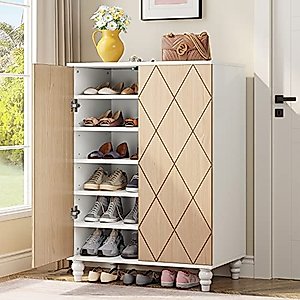 Tribesigns 2-Door Shoe Cabinet with Solid Wood Legs,7-Tier Shoe Storage Cabinet with Adjustable Shelves,Large Capacity Wooden Shoes Rack Organizer Storage Cabinets for Entryway,Maple