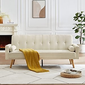 Mid-Century Convertible Futon Sofa Bed,Modern Linen Fabric Small Loveseat,Folding Sleeper Couch Bed with Armrests & 2 Pillows,Recliner Sofa with Solid wood Legs for Living Room Office (Beige)