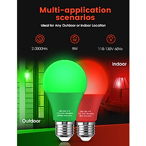 Red and Green Light Bulbs 【4 Pack 】, A19 LED Christmas Light Bulbs, 9W E26 Red Light Bulbs Green Light Bulbs 720LM Red Bulbs Green Bulb Outdoor for Halloween Christmas Lighting, Porch, Non-Dimmable