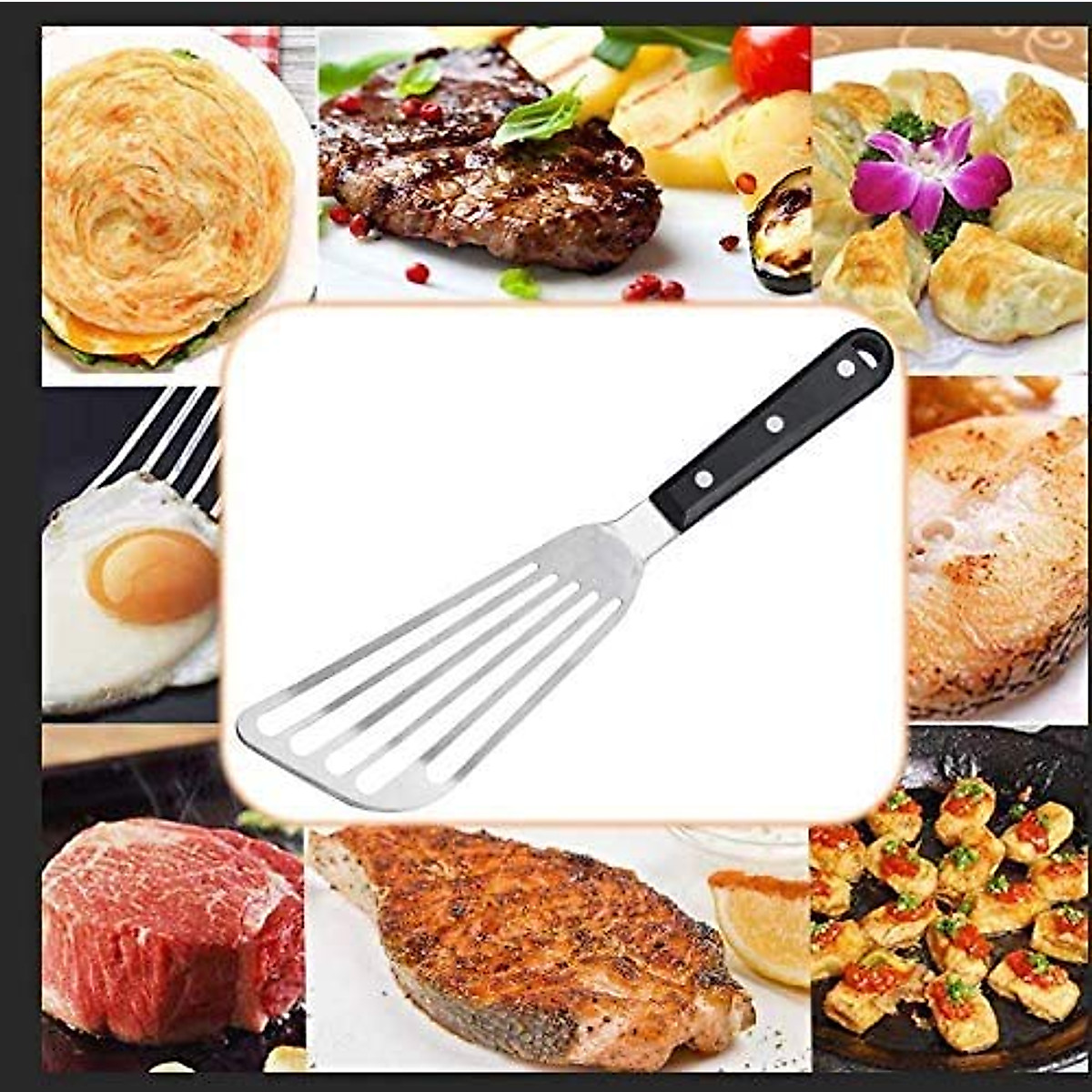 KSENDALO 11.80Inch Stainless Steel Slotted Spatula Turner - Flexible and Angled Flipper for Easy Frying, Serving, and Flipping Eggs, Fish, Pancakes, and Omelettes