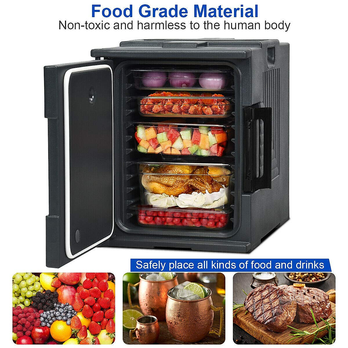 Giantex Insulated Food Pan Carrier, 95 Quart Front Loading Food Container for 6 Full Size Pans, Portable Food Warmer Box with Handles for Storage Catering Parties Buffet, Gray