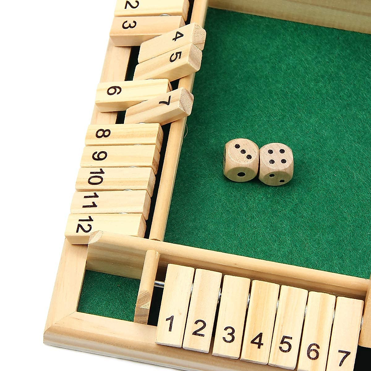 bouti1583 Shut The Box Dice Game,Classic 4 Sided Wooden Board Game Flip 12 Number Classic Tabletop Games for 2-4 Player Green(Big Size)