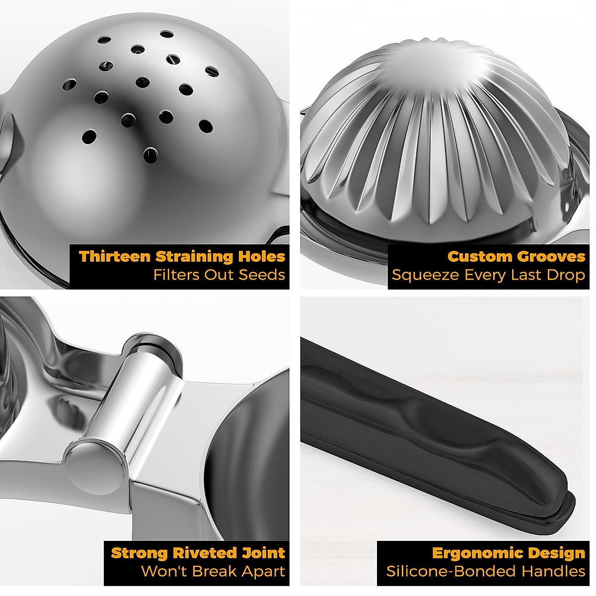 RCMo Stainless Steel Lemon Squeezer - Metal Citrus Juicer - Lime Lemon and Fruit Juicer with Silicone Handles - Large Manual Citrus Press Juicer - Hand Held Squeezer - Ergonomic Design with Solid