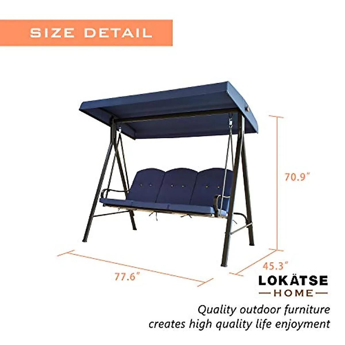 LOKATSE HOME 3-Seats Patio Swing with Adjustable Canopy Weather Resistant Steel Frame Outdoor Porch Converting Deck Furniture, Blue