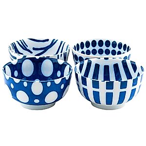 Ceramic Donburi Bowl Set, Miso Soup Bowls with Blue and White Eclectic Floral Designs, Kitchenware Housewarming and Wedding Shower Gifts, 5 Inches