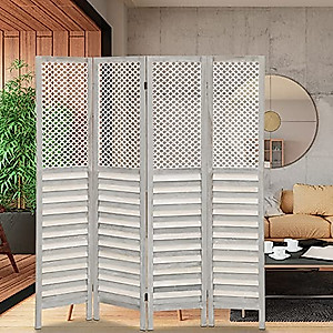 ECOMEX Cutout Room Divider, 4 Panel 5.6 Ft Tall Wood Room Dividers and Folding Privacy Screens, Freestanding Partition Wall Dividers, Room Separator, Grey White