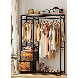 Lulive Clothes Rack, Heavy Duty Garment Rack for Hanging Clothes, Industrial Clothing Racks with Shelves, 2 Fabric Drawers, 4 Hooks, 2 Hanging Rods, Freestanding Closet Organizer, Rustic Brown