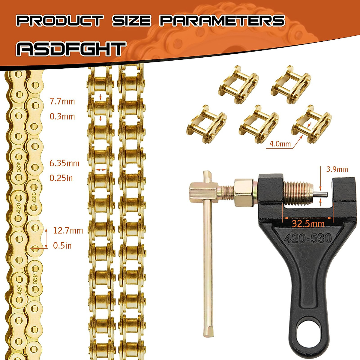 ASDFGHT 420 Chain 420 Standard Roller Chain 132 Link, Gold 420 Drive Chain for 110 125cc Dirt Pit Bike, ATV Quad Go Kart Scooter Mini Bike (With Chain Breaker +0.4" Chain Axle Adjuster)
