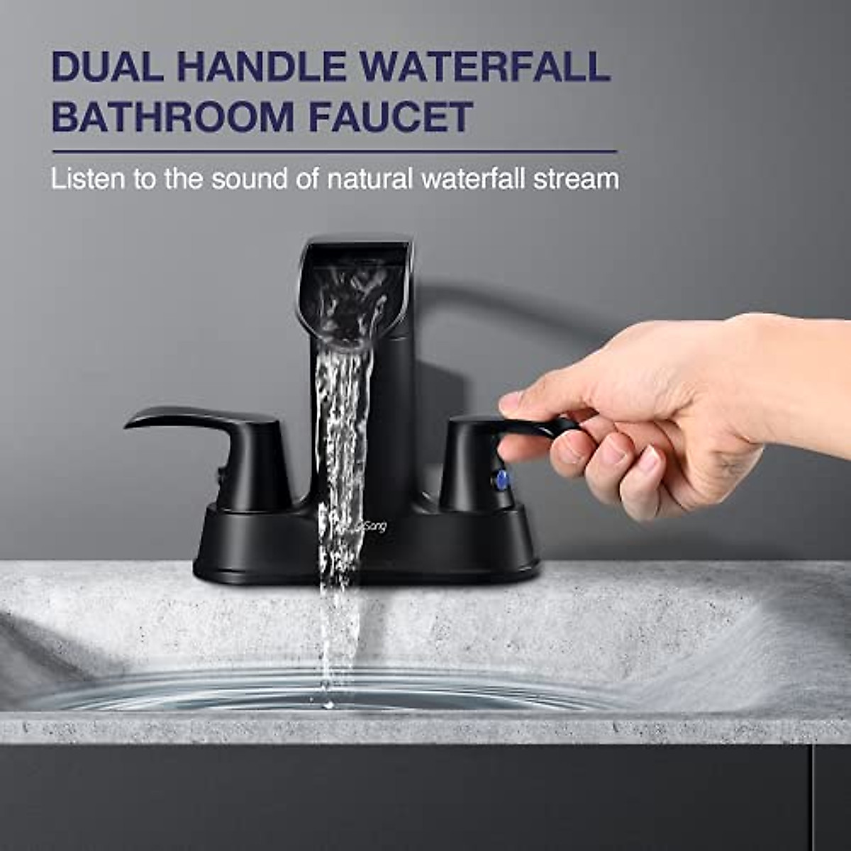 Black Bathroom Faucet 4 Inch 2 Handle - WaterSong Waterfall Bathroom Sink Faucet with Pop-up Drain & cUPC Lead-Free Water Supply Hose, Centerset 360° Swivel Spout Bathroom Faucet, RV Farmhouse Modern