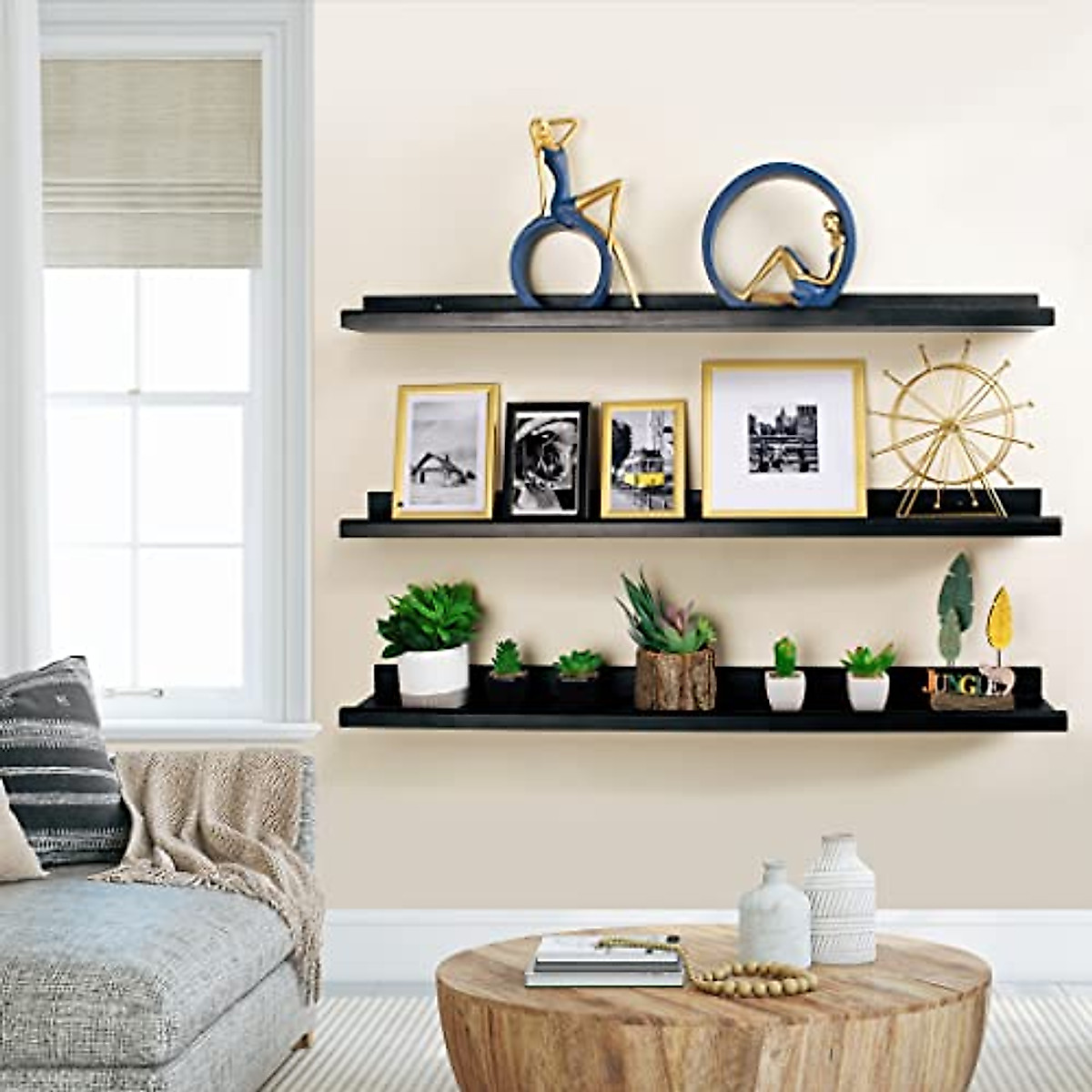 Annecy Floating Shelves Wall Mounted Set of 3, 36 Inch Black Rustic Wood Shelves for Wall, Wall Storage Shelves with Guardrail Design for Bedroom, Bathroom, Kitchen, Office, 3 Different Sizes