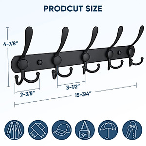 TICONN Wall Mounted Coat Rack, Five Heavy Duty Tri Hooks All Metal Construction for Jacket Coat Hat in Mudroom Entryway (Matte Black, 1-Pack)