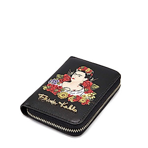 Authentic Frida Kahlo Cartoon Picture Print Small Medium Zip-around Wallet (Flower Theme - Black)