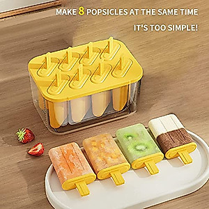 YiChenPlus Ice Tray & Popsicle Mold, 2-in-1 Silicone Ice Tray with Container, 22 Ice Trays + 8 Popsicles, For Whiskey Cocktail Ice Cream Making, 3 Colors to Choose From (Yellow)