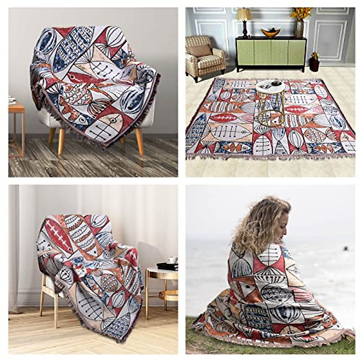 Arroganttiom Boho Throw Blanket, Knitted Tasse Bohemian Blanket for Chair Recliner Couch Furniture Cover Protector, Boho Room Decor Bedding Indian Blanket-Double-Sided, 50" X 70"