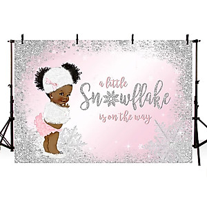 MEHOFOND Winter A Little Snowflake is On The Way Backdrop for Girls Baby Shower Pink Silver Glitter Snowflakes Baby Shower Party Decorations Photography Background Photo Shoot Banner Supplies 7x5ft