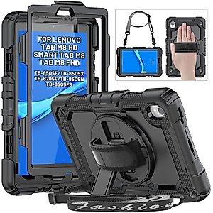 HXCASEAC Case for Lenovo Tab M8 (HD/FHD/Smart) 2019/2021 3rd/2nd Gen (TB-8506FS TB-8506F TB-8505F TB-8505X TB-8505FS TB-8705F TB-8705N), M8 Tablet Case Screen Protector/Hand Strap/Stand, Black