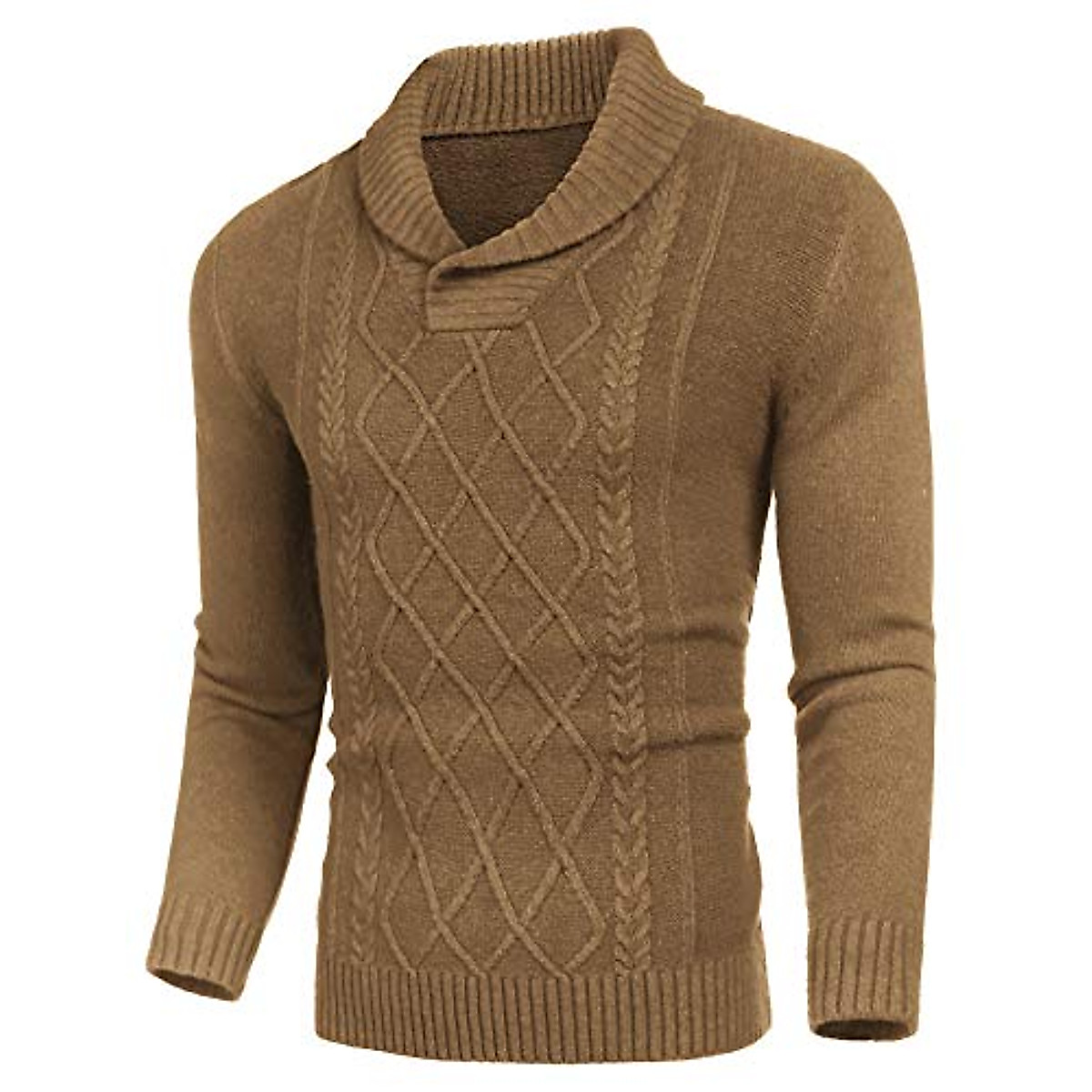 COOFANDY Men's Shawl Collar Sweaters V-Neck Cotton Relaxed Fit Cable Pullover (Khaki, XXX-Large)