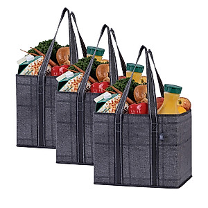 VENO 3 Pack Reusable Grocery Bags, Shopping Bags for groceries, Utility Tote with Handles and Hard Bottom, Foldable Shopping Cart Organizer, Multi-Purpose, Heavy-Duty (BLK Windowpane, 3 Pack)