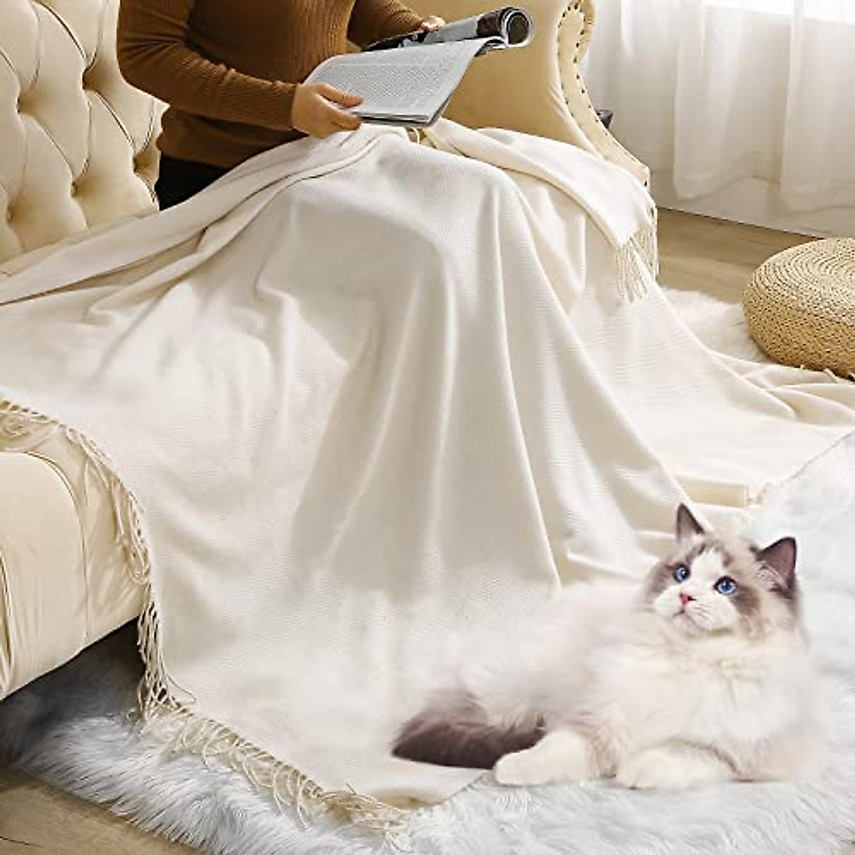 ZonLi Cream Throw Blanket Lightweight Herringbone Throw Blankets for Couch Ivory Beige Boho Throw Blanket Decorative Knitted Blankets with Tassels Fringe for Bed Outdoor 55'' x 75''