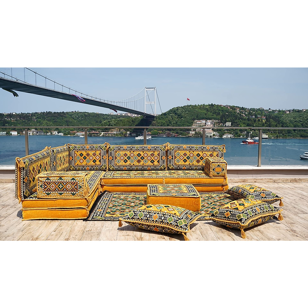 Yellow L Shaped Floor Couch, Sectional Sofa Set, Floor Pillow, Arabic Majlis, Moroccan Livingroom Cushion, 8" Thick Corner Floor Seating Set (L Sofa + Rug + Poufs)