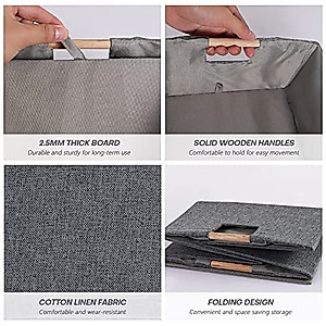 LaMorée Fabric Storage Bin Box Foldable Cotton Linen Storage Basket with Wooden Handles Rectangular Cube Decorative Home Nursery Laundry Organizer Clothes Blanket Container – Gray, Large