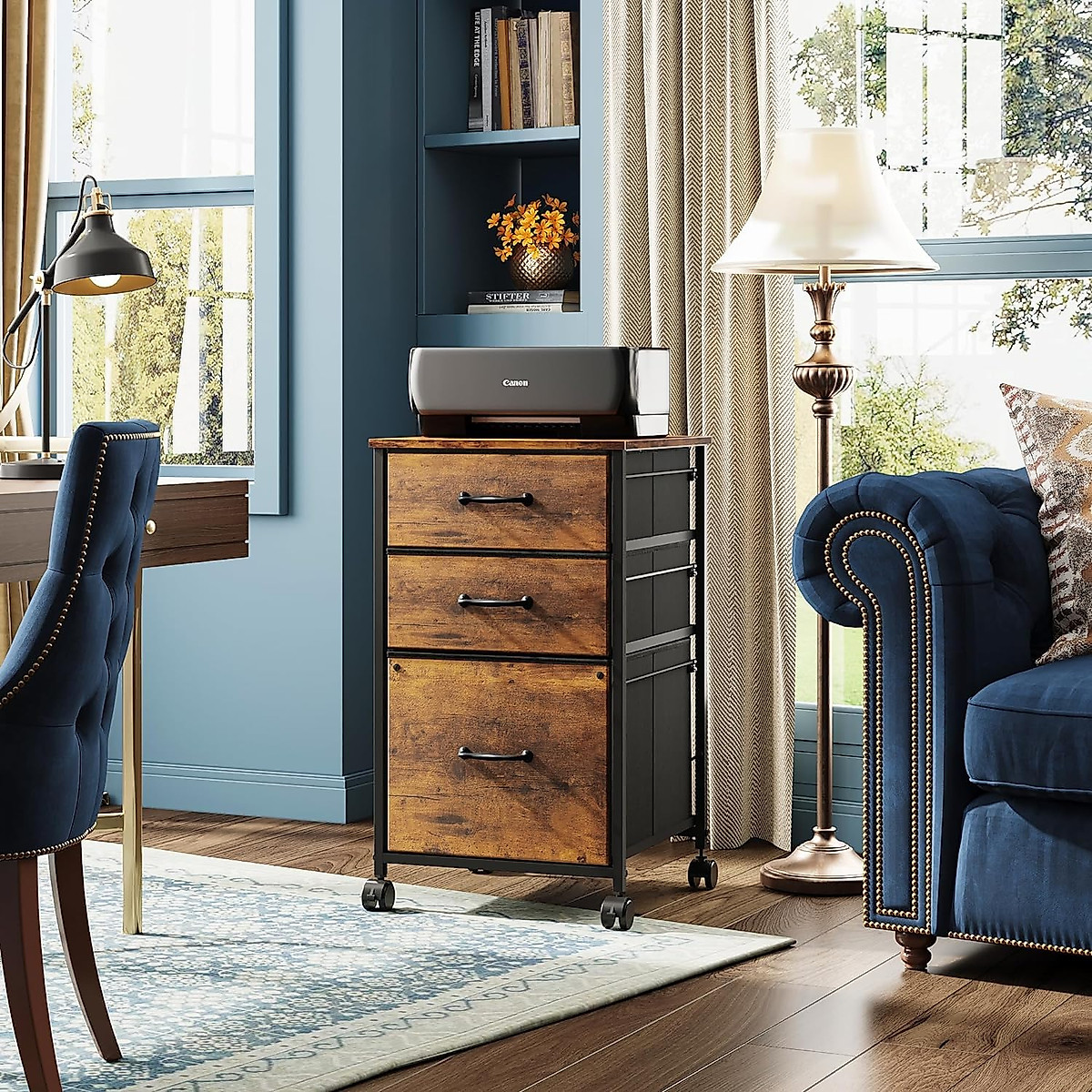 DEVAISE Mobile File Cabinet, Rolling Printer Stand with 3 Drawers, Fabric Vertical Filing Cabinet fits A4 or Letter Size for Home Office, Rustic Brown Wood Grain Print