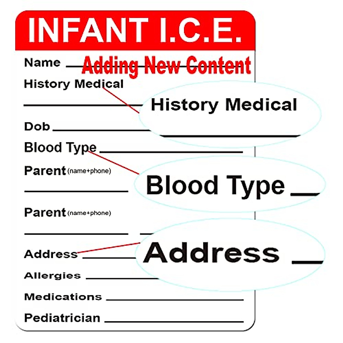 25 Pcs Infant I.C.E.(in Case of Emergency) Car Seat Sticker Safety Information 3 x 4 Inch Child Emergency Identification Contact Car Seat Stickers - Kids Car Seats Alert Attachment Tag Safety Decals