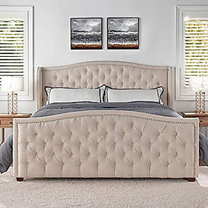 Jennifer Taylor Home Anastasia Upholstered Shelter Headboard Bed Set, King, Sky Neutral Beige Polyester