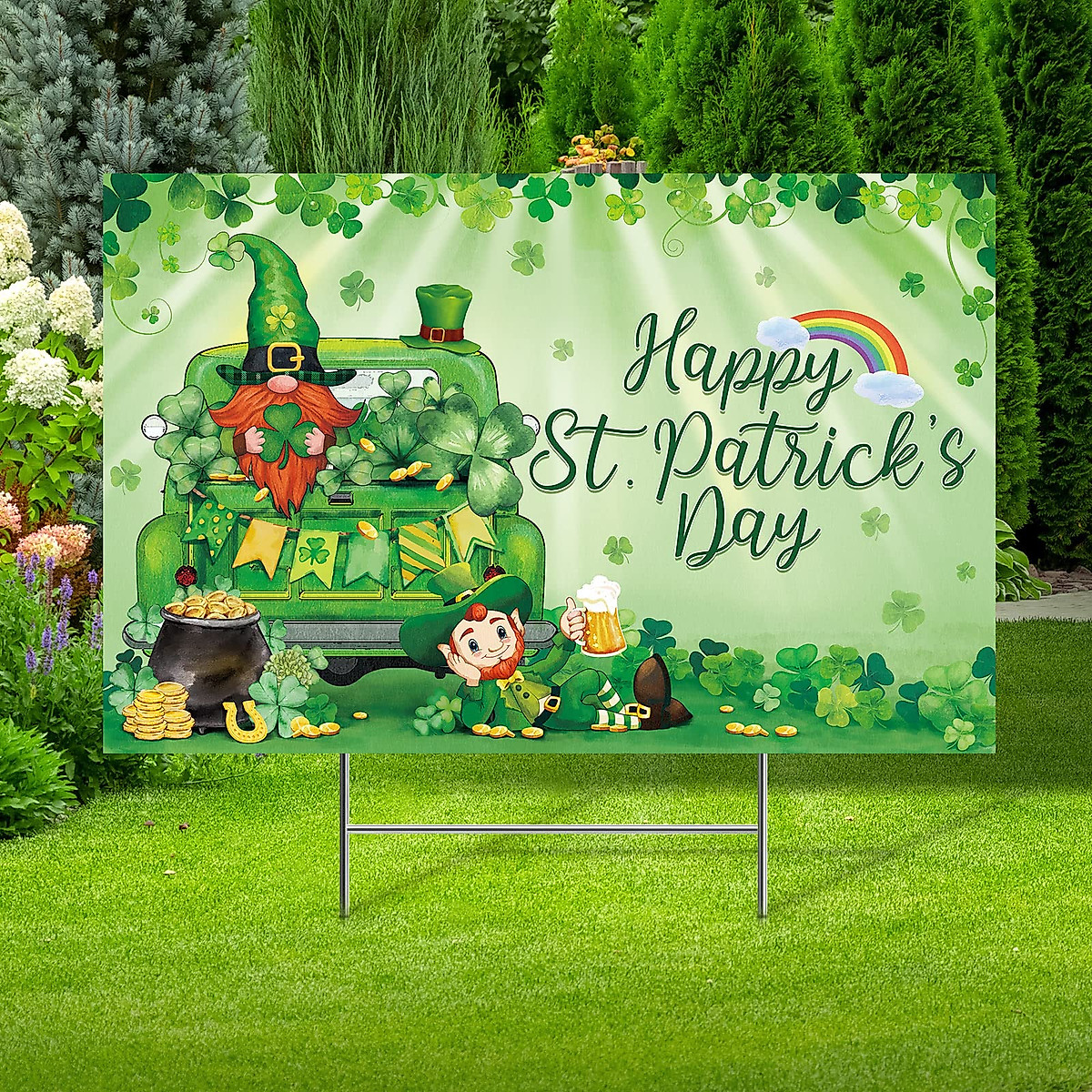 St. Patrick's Day Yard Sign Happy Saint Patty's Day Lawn Decorations 24.8 x 16 Inch Irish Leprechaun Shamrock Yard Sign Leprechaun Sat in the Irish Green Truck Outdoor Decor with Metal H stake