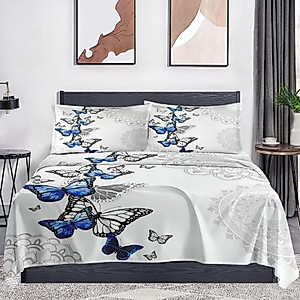 WeCozy Twin Size 3 Pcs Bed Fitted Sheet Set with 14" Deep Pocket, Abstract Circular Mandala Floral Flat Sheet Set for Kids and Adults, Summer Spring Blue Butterfly Bedding Set with Pillowcase