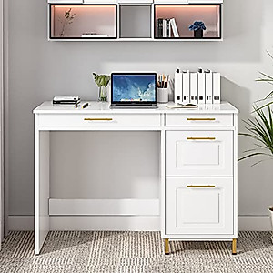 HOMBCK White Desk with Drawers, Modern White and Gold Desk with Drawers, Home Office Desk Small Computer Desk for Bedroom, Vanity Desk with 4 Drawers & Spacious Desktop, White/Gold