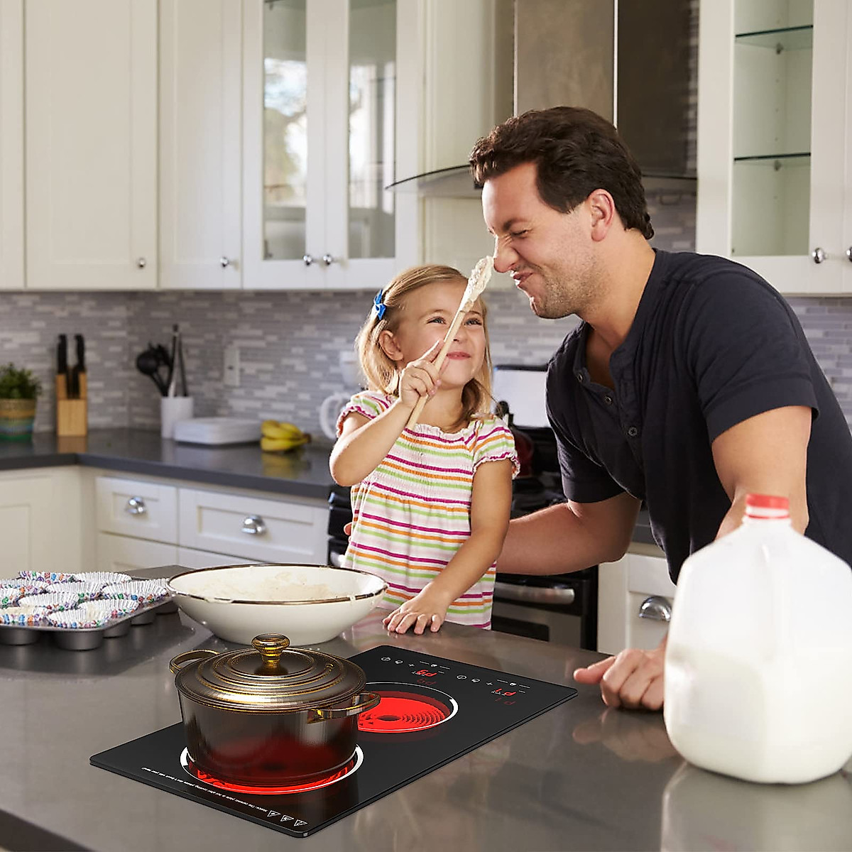 VBGK Electric Cooktop, 12 Inch Built-in Radiant Electric Stove Top,110V 2100W Electric burner with 2 Burners, 9 Heating Level, Timer & Kid Safety Lock, Sensor Touch Control 2 burner Induction Cooktop