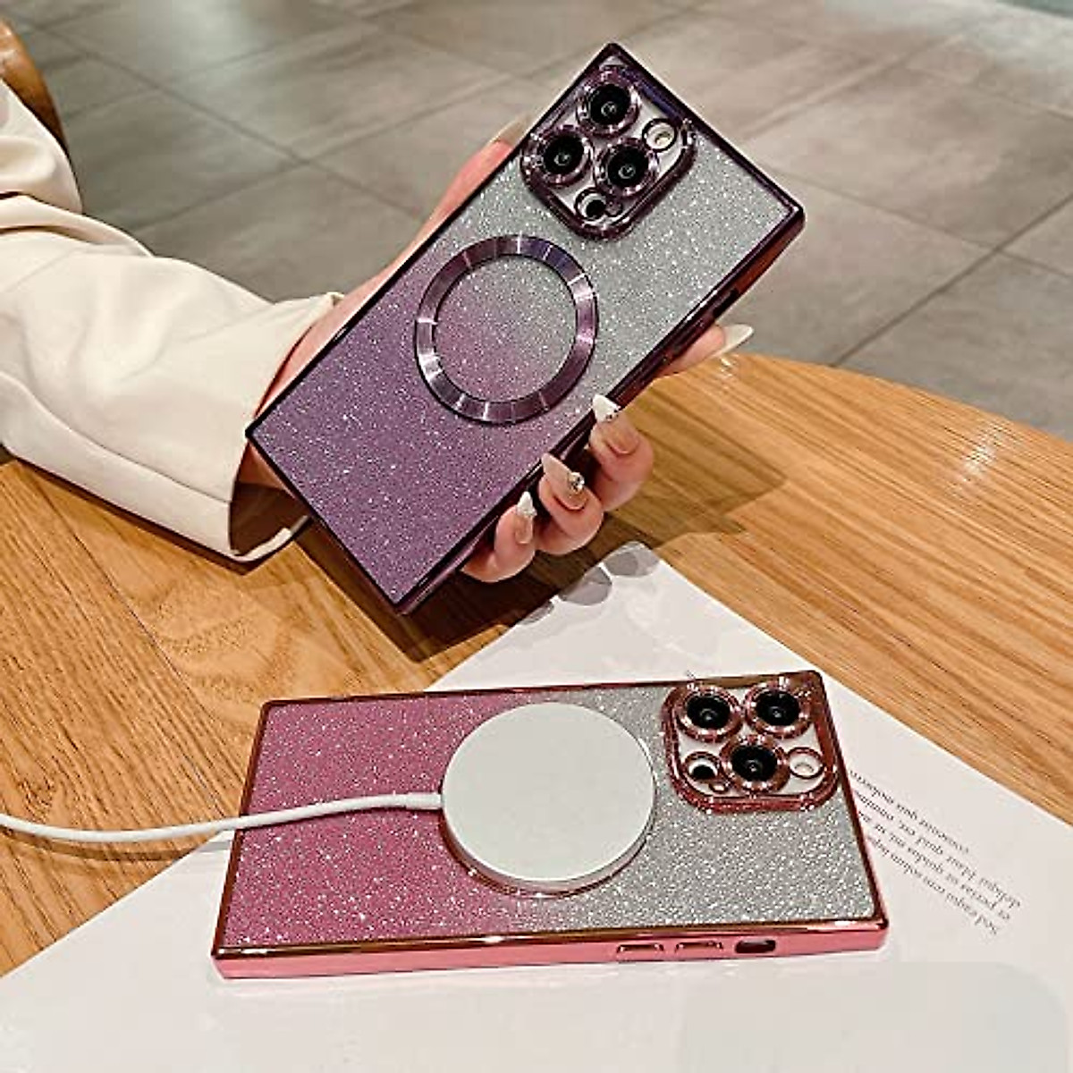 Misscase for iPhone 14 Pro Square Case Compatible with MagSafe, Full Protection Magnetic Glitter Camera Lens Protector Anti-Scratch Dust-Proof Net Cover Gold, (SH-0426-i14P4)