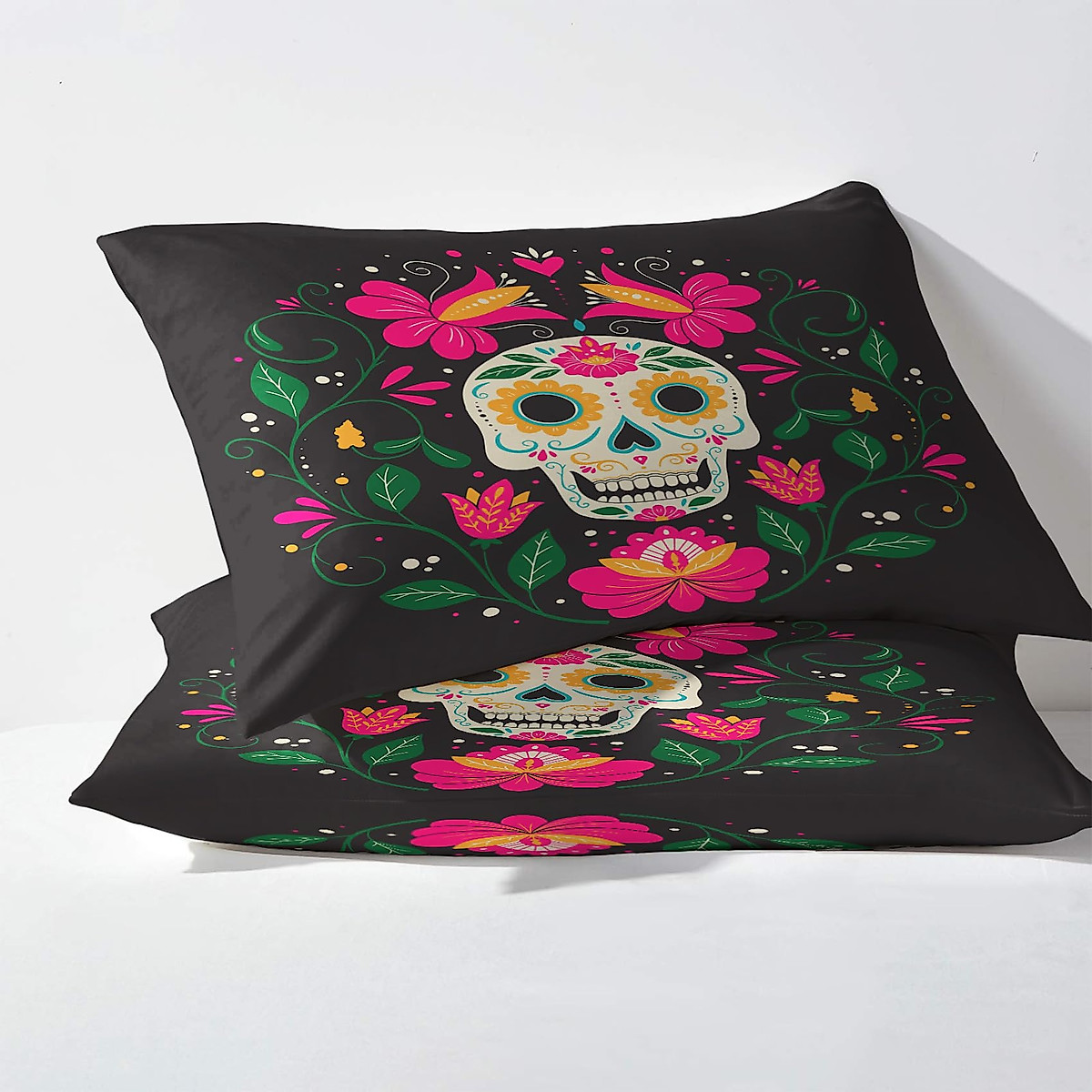 Sugar Skull Sheets Twin Size, Day of The Dead Bed Sheets, Patterned Bedding Sheets & Pillowcases 3 Piece Set - Soft Microfiber Deep Pocket Fitted Sheet & Flat Sheet & Pillow Case Z3-&-210