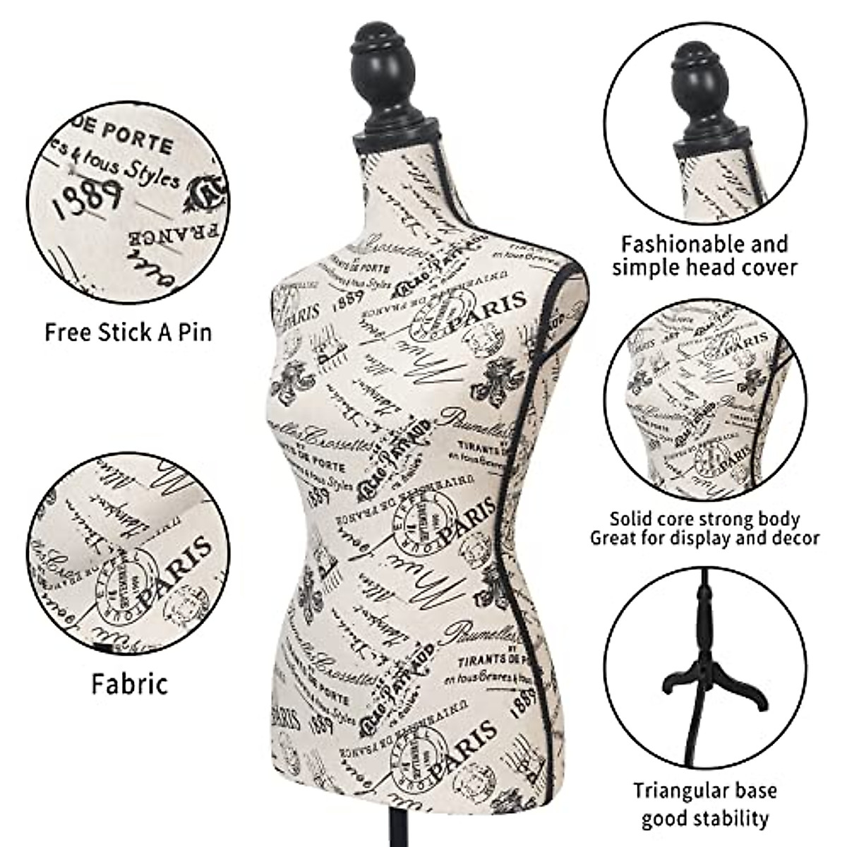 Sewing Mannequin Torso Dress Form, Female Manikin Body with Tripod Base Stand, Adjustable Clothing Foam Form 58-67 inch Height, for Dressmakers Dress Jewelry Display, Crowns