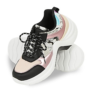 Asiman Women’s Chunky Platform Fashion Sneakers Lightweight Breathable Mesh Walking Shoes Outdoor Leopard Dance Running Shoes （Black/Snake,9）