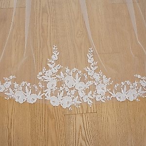 Vintage Floral Wedding Veil, One Layer Cathedral Bridal Veil, Lace Appliqued Soft Tulle Long Veil, Dramatic Bridal Accessory (118inches, Offwhite)