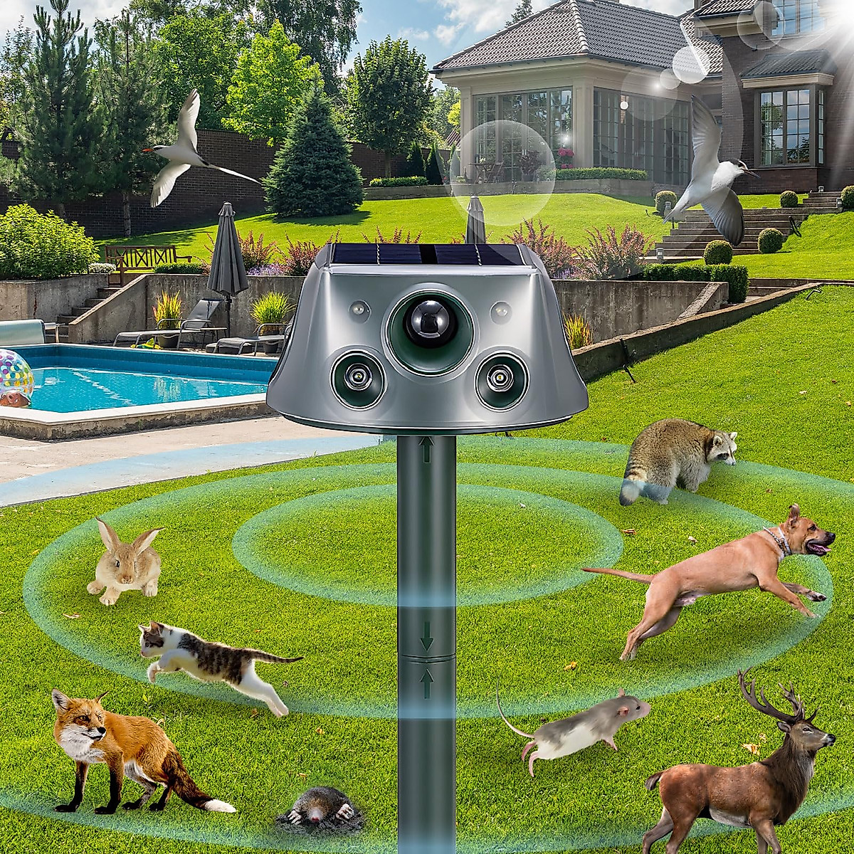 Ultrasonic Solar Animal Repeller for Yard, 6 Modes Outdoor Animal Repellent with PIR Motion Sensor & Flashing Light, Animals Deterrent for Squirrel Bird Deer Cat Skunk Dog for Yard Garden