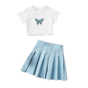 SOLY HUX Girl's Butterfly Print Short Sleeve Tee Top and Pleated Skirt Set 2 Piece Outfits White Blue 11-12Y