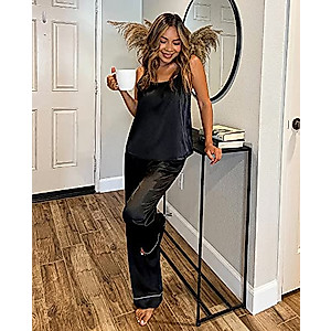 Ekouaer Silk Pajamas for Women Cami Top and Long Pants Sleepwear Cozy Pj Sleep Set with Pockets(Black,S)