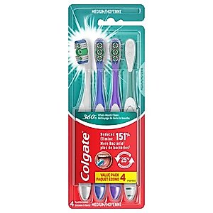Colgate 360 Whole Mouth Clean , Medium Toothbrush for Adults, 4 Pack