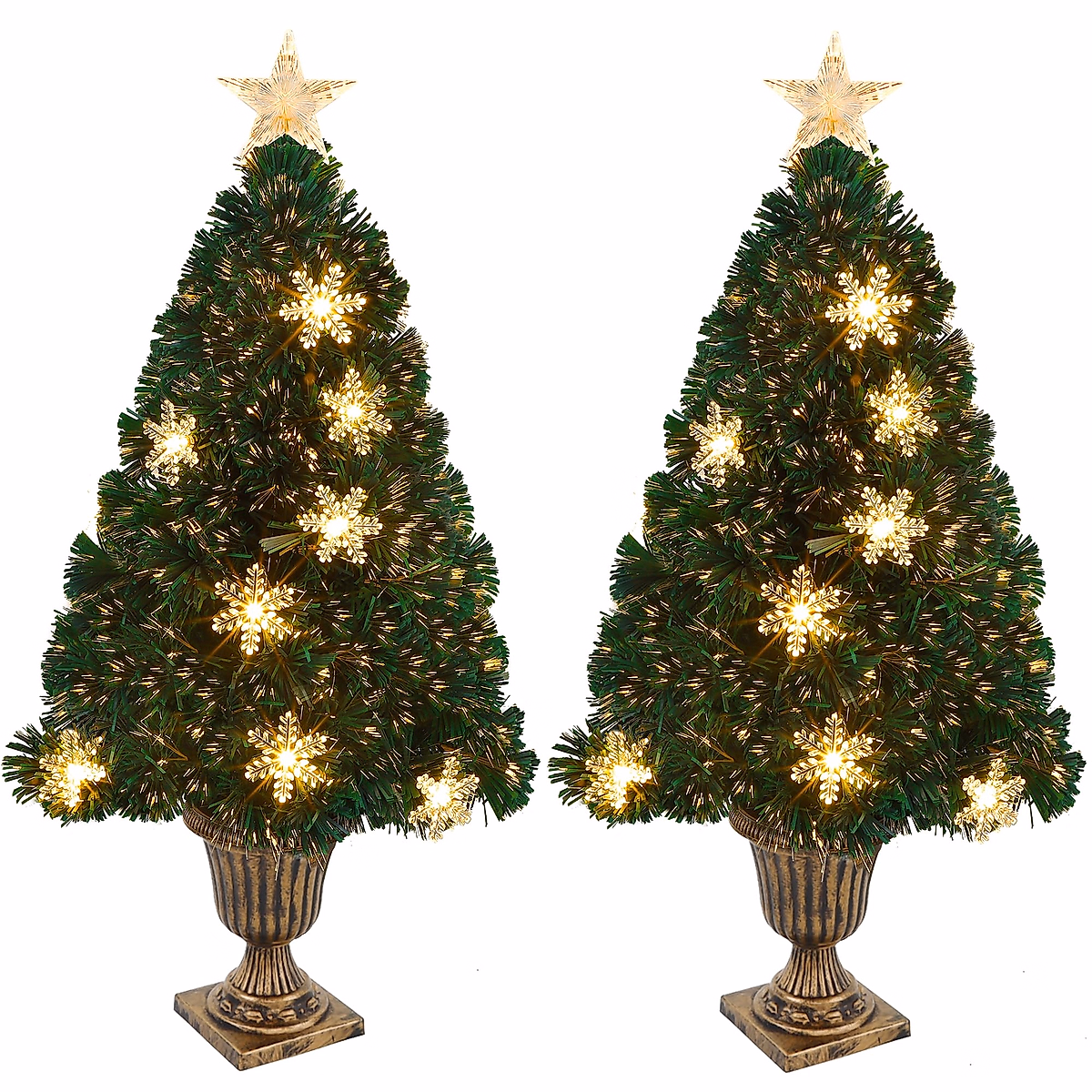 Juegoal 3 FT Pre-Lit Artificial Christmas Tree, 2 Pack Lighted Optical Fiber Entrance Tree in Gold Urn Base with Lights, 8 Lighting Modes, 110 Branch Tips Front Door Porch Entryway Holiday Home Decor