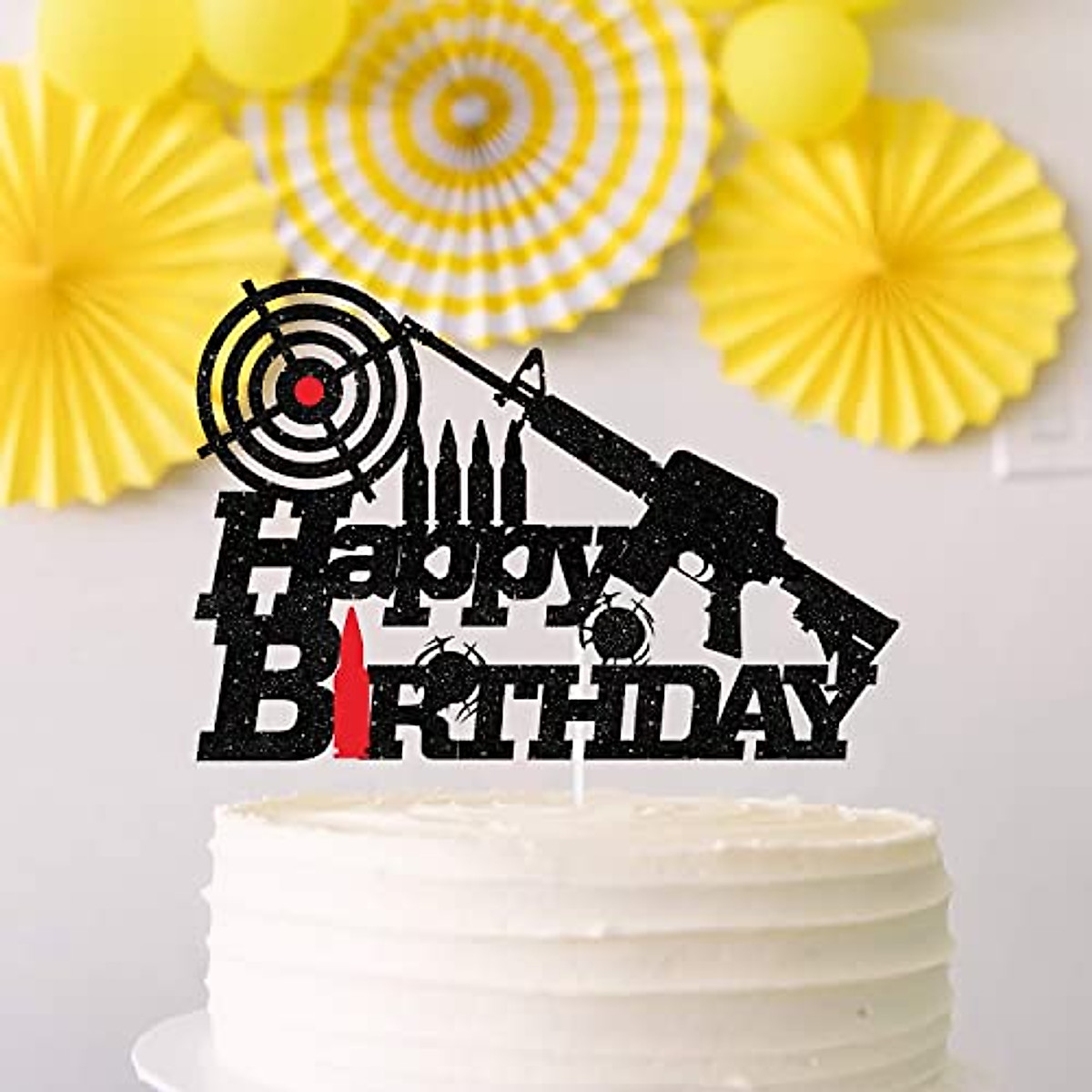 Black Glitter Cake Topper Boy Girl Happy Birthday Party Decorations Heavy Gun Bullet Target Shooting Enthusiast Veteran's Day Theme Decor Supplies