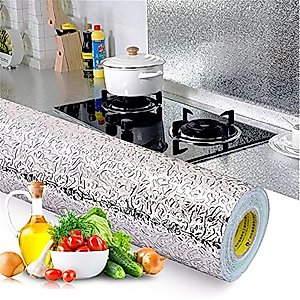 120 Inches Kitchen Oil-Proof Stickers, DIY Self-Adhesive Peel & Stick Aluminum Foil Contact Paper Self Adhesive Oil-Proof Heat Resistant Wall Sticker for Countertop Drawer Shelf Liner
