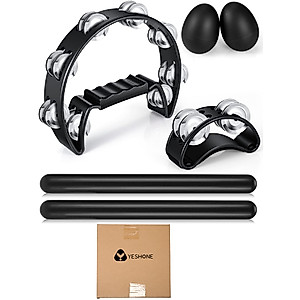 Yeshone 6 Pcs Tambourines for Adults, Hand Held Half Moon Tambourine Foot Tambourine with Bells Wood Rhythm Sticks Egg Shakers Musical Hand Percussion Instrument Set for Party Music Supplies (Black)