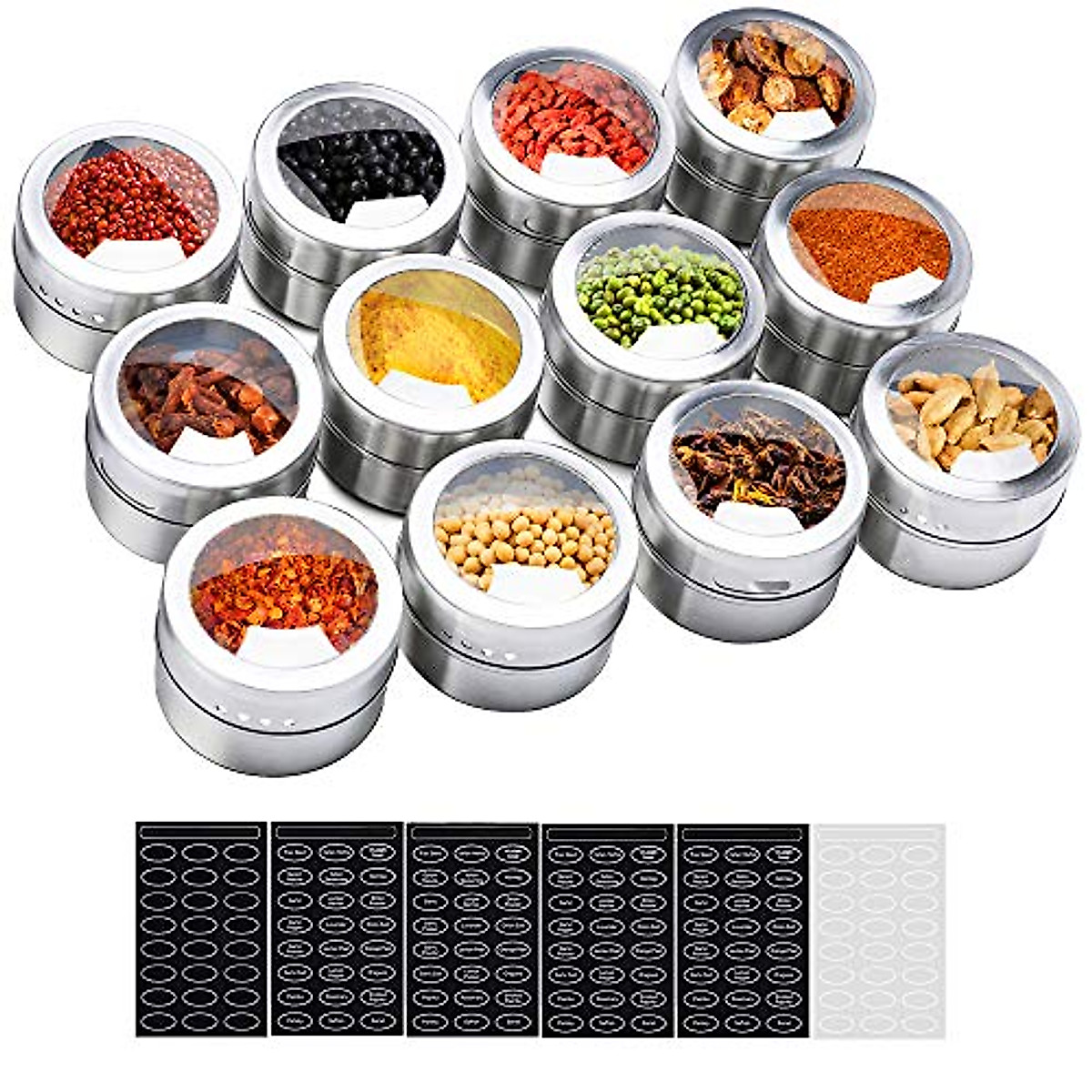 ILEBYGO Magnetic Spice Tins 12pcs Stainless Steel Spice Jars Storage Spice Containers,Clear Top Lid with Sift or Pour,120 Spice Stickers,Magnetic on Refrigerator and Grill