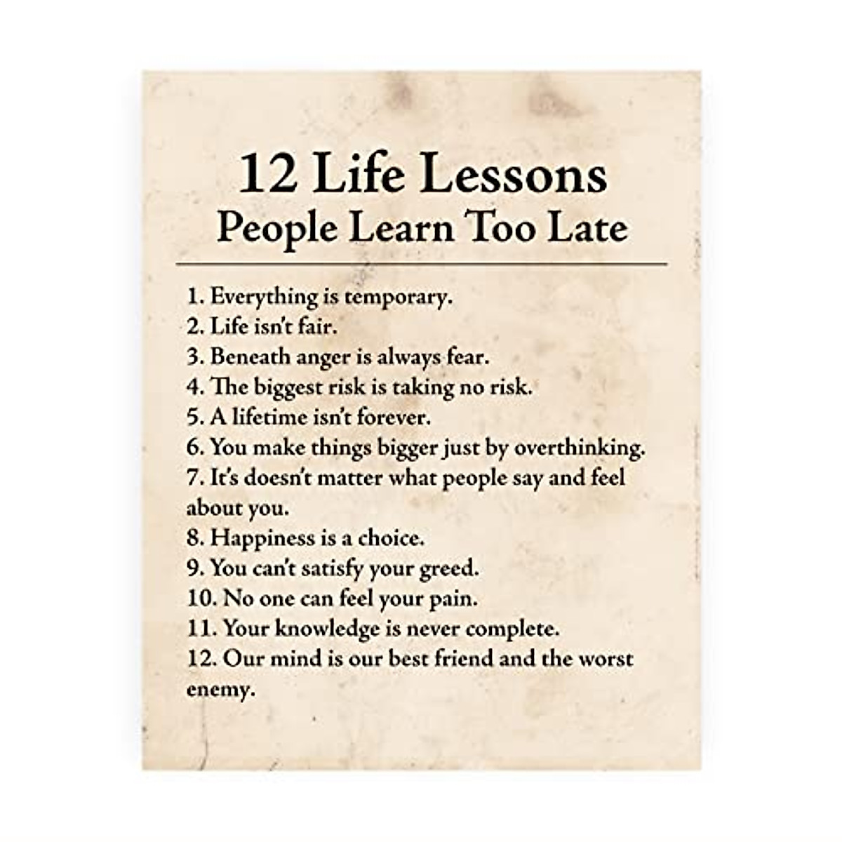 12 Life Lessons - Inspirational Wall Art Print, Elegant Motivational Wall Decor Is An Ideal Inspirational Wall Print For Living Room, Home Decor, Office Decor, Or Room Decor, Unframed - 8x10