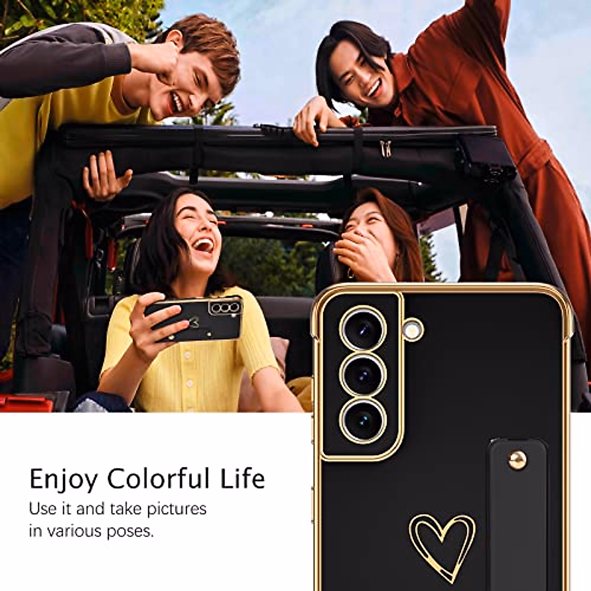 Telaso Samsung Galaxy S21 Case, Galaxy S21 Phone Case Love Heart Cute Case with Wristband Kickstand Holder Soft TPU Plating Bumper Protective Slim Shockproof Phone Case Cover for Girls Women, Black