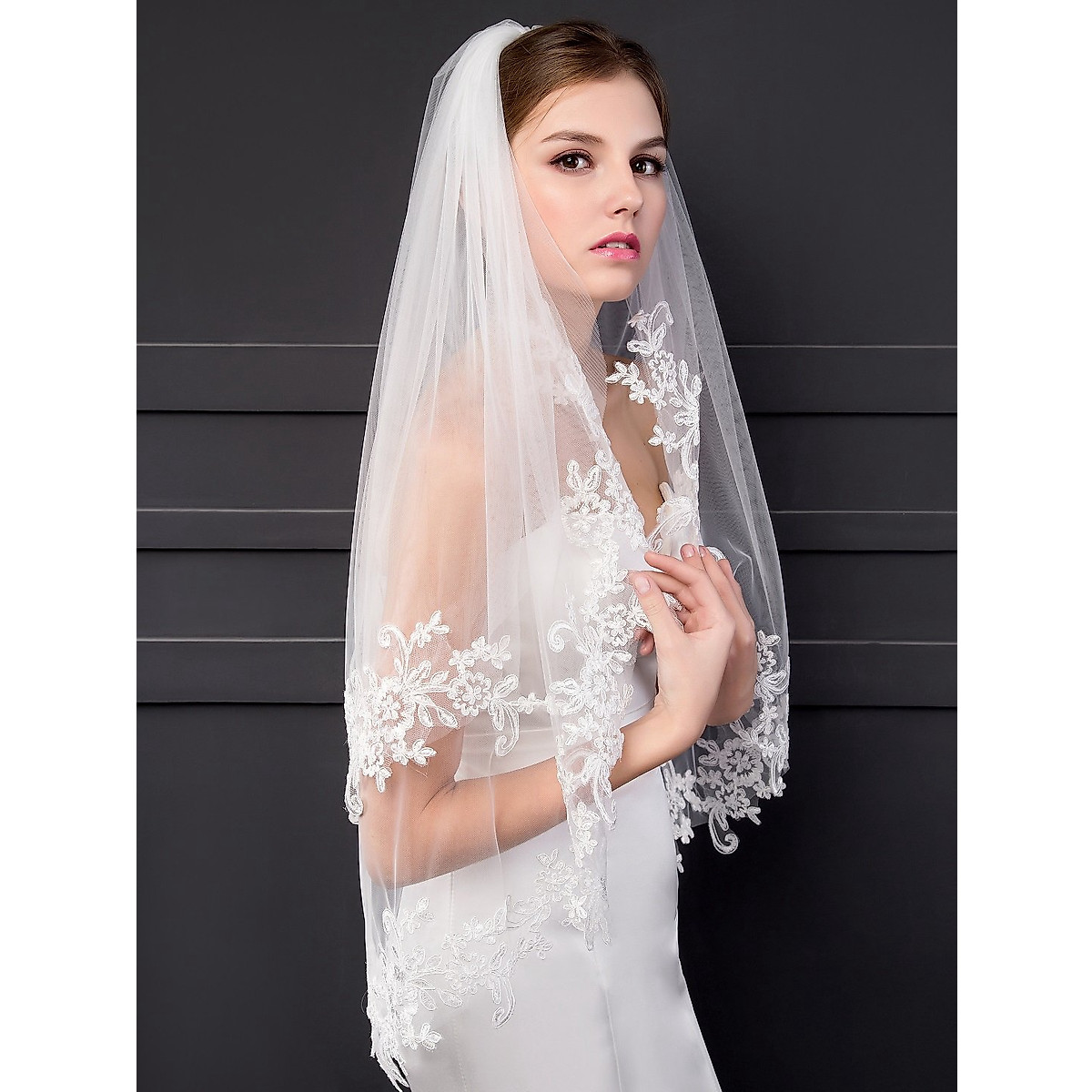 Cibelle Short 2 Tier Lace Bridal Wedding Veil For Bride White
